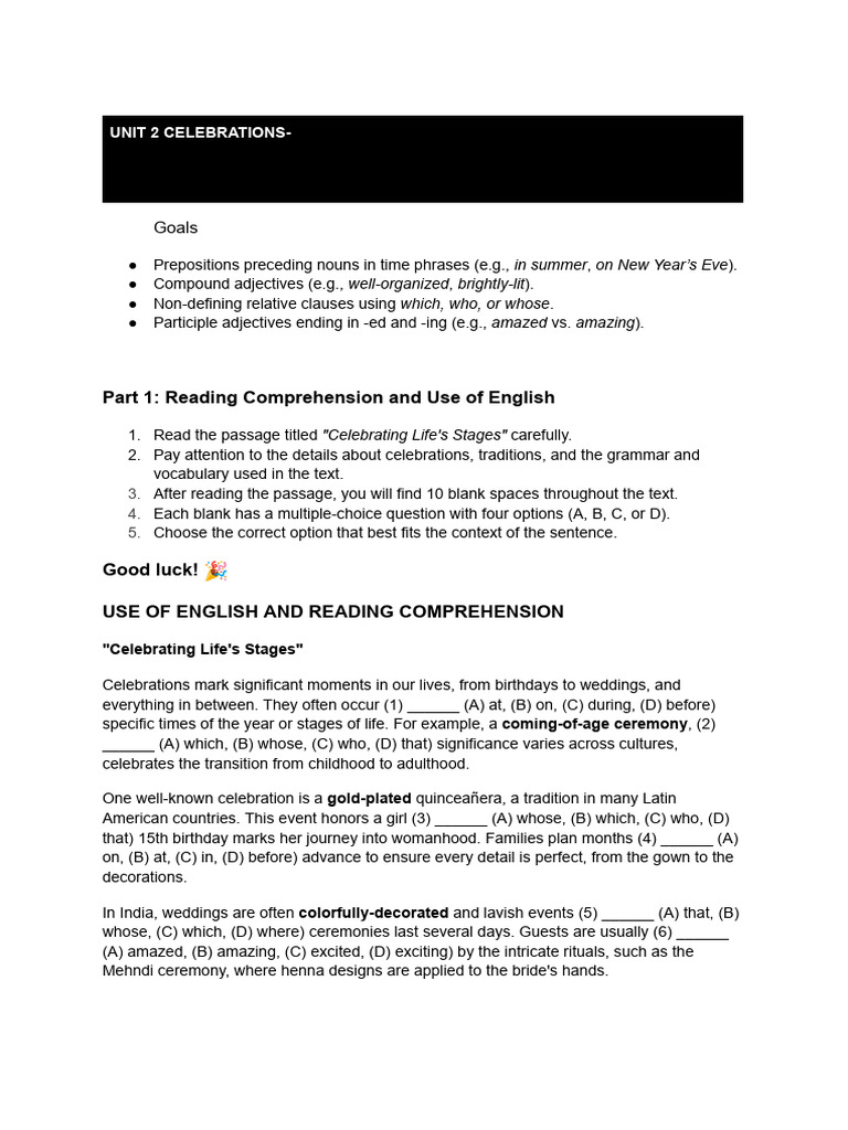 UNIT 2 - CELEBRATIONS - Diciembre | PDF | English Language | Adjective