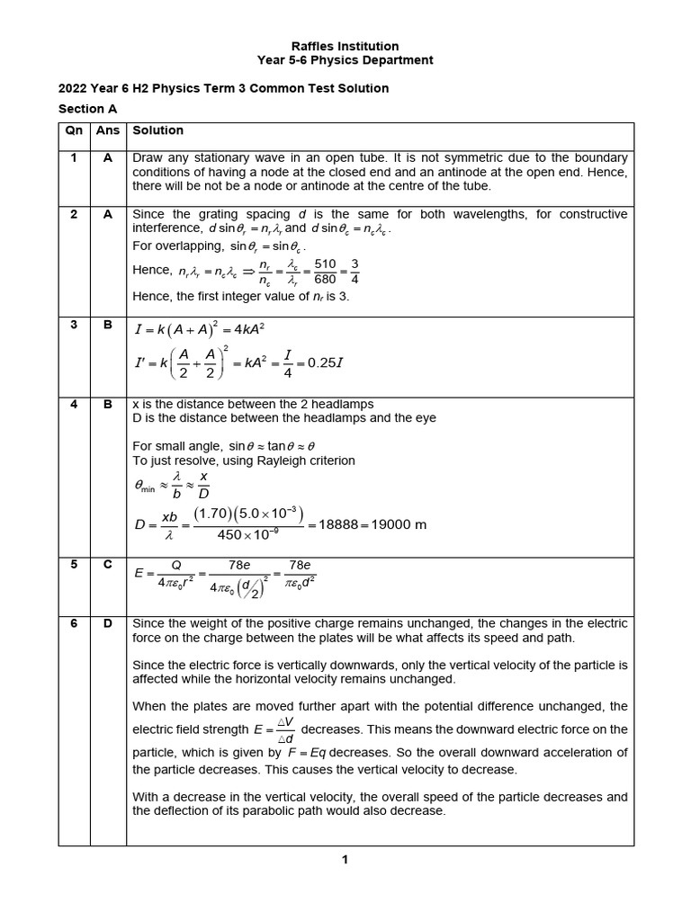 2022 RI Y6 T3 CT Sect A Soln | PDF | Wavelength | Physical Sciences