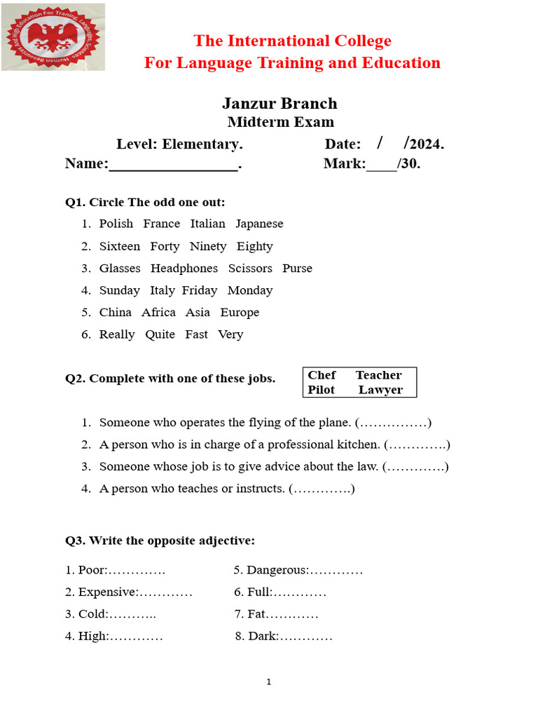 Elementary.midterm | PDF | Plural | Grammatical Number