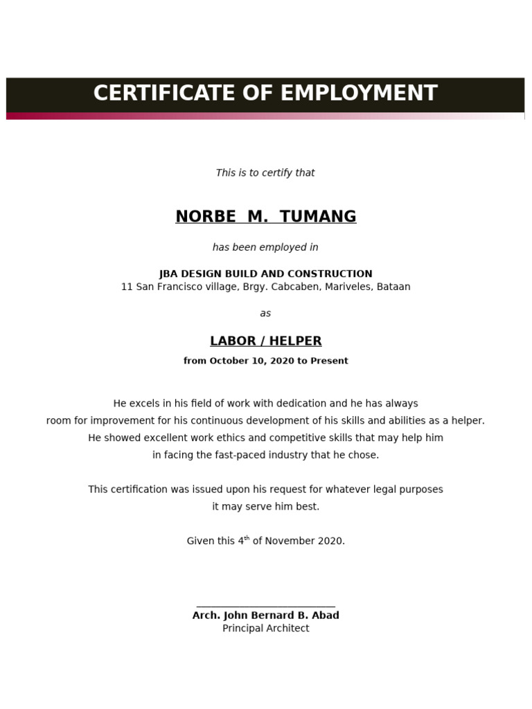 Cert. of Employment SAMPLE | PDF | Career & Growth | Business