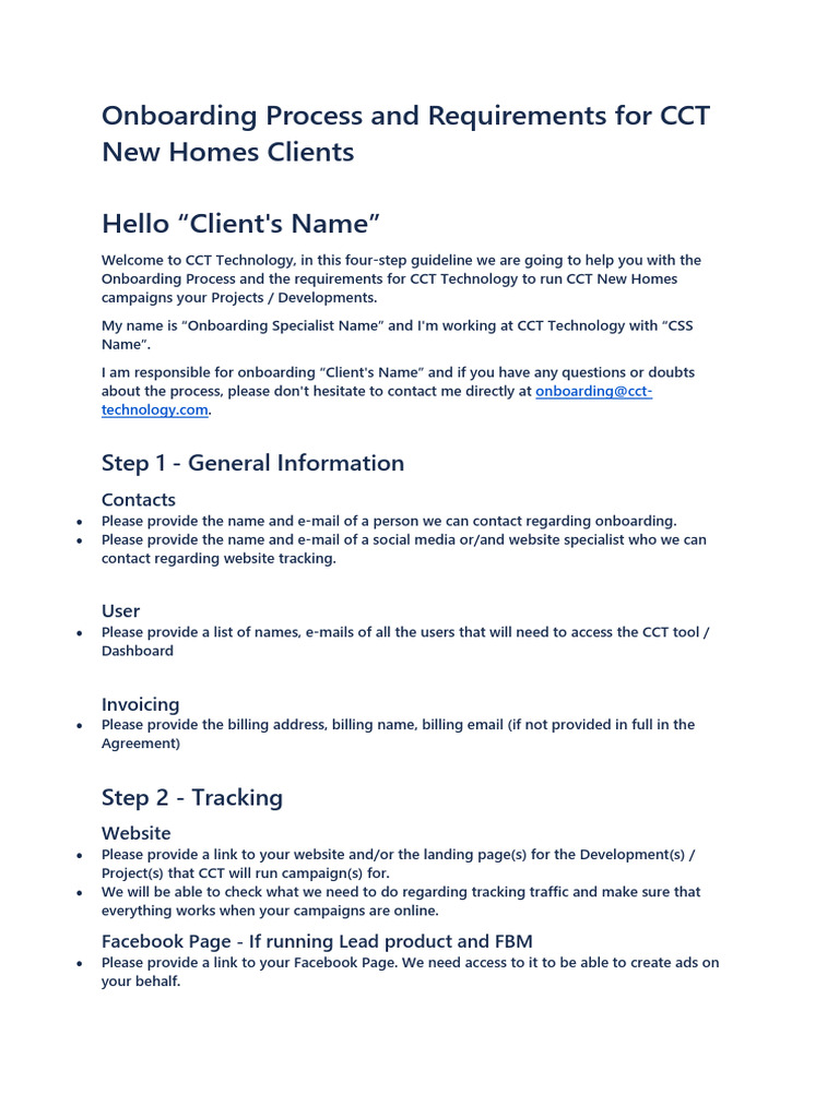 CCT New Homes Clients - V2-Onboarding Guideline and Requirements | PDF | Facebook | Analytics