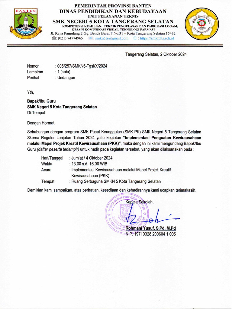 Undangan Peserta Keg. Implementasi Penguatan Kwu Mapel PKK | PDF