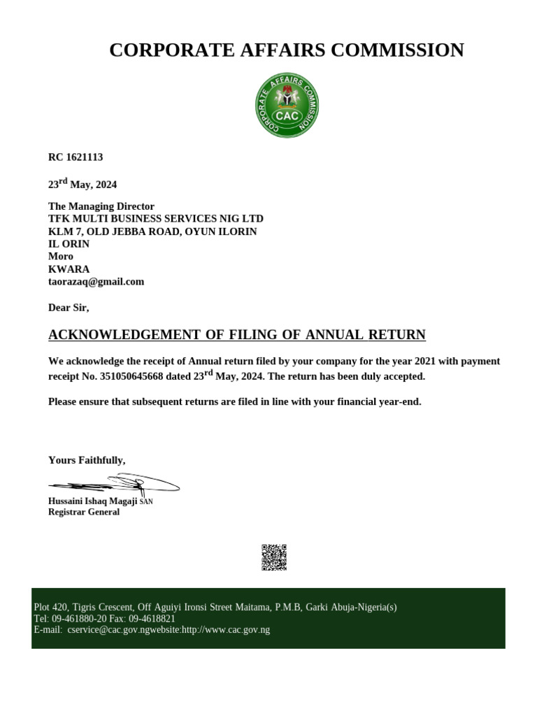Aknowledgement Letter Cac | PDF