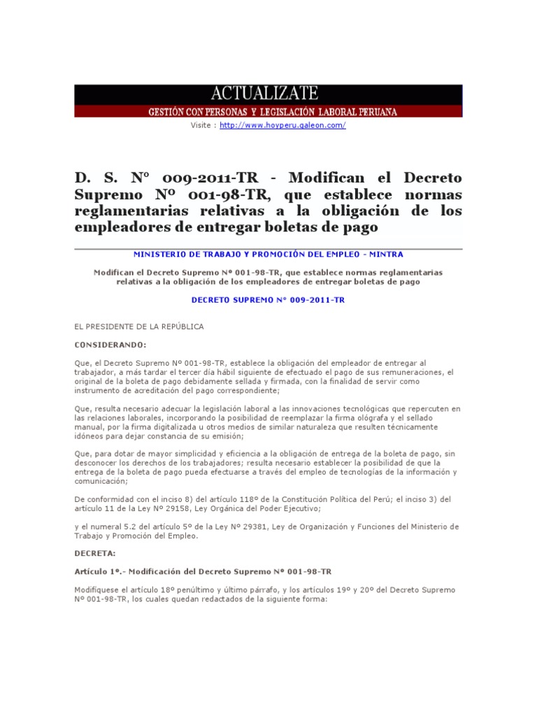 d.s.009 2011 TR Boletas Electronic As | PDF | Pagos | Derecho laboral