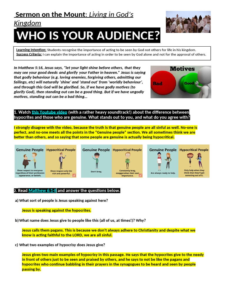 Matthew 6 - 1-15 Worksheet - Who Is Your Audience | PDF | Prayer | Jesus