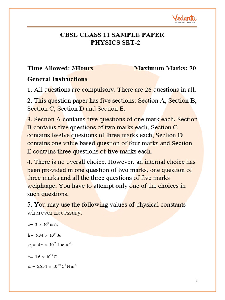 CBSE Sample Paper For Class 11 Physics Mock Paper 2 With Solutions ...