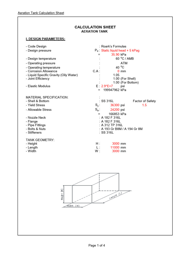 Aeration Tank Design Calculation | PDF | Pressure | Materials