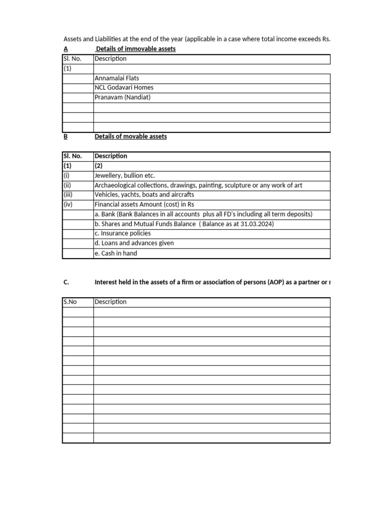 Assets and Liabilities Schedule Template | PDF | Finance & Money Management
