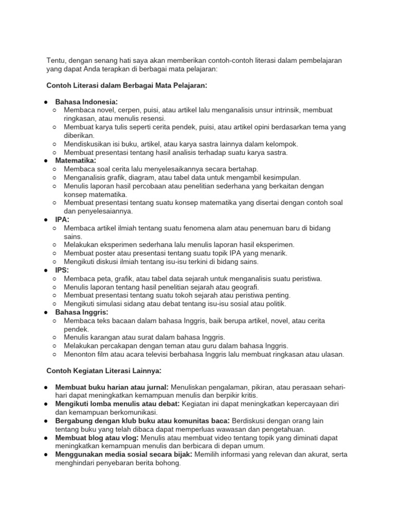 Contoh Literasi Dalam Pembelajaran | PDF
