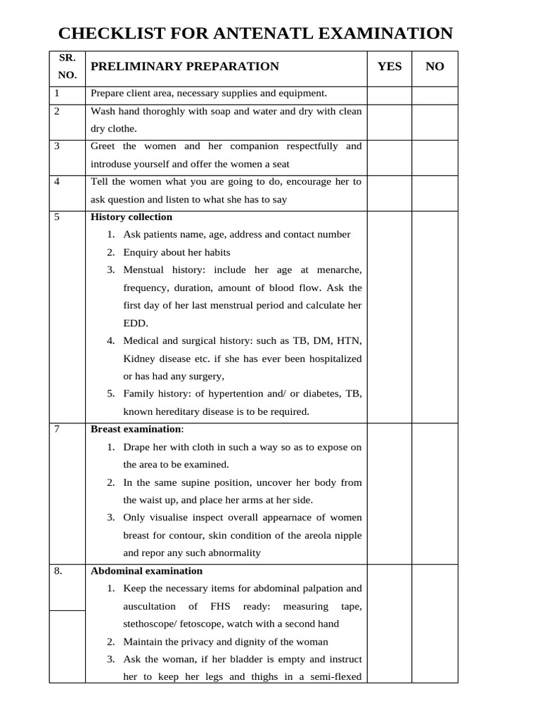 Antenatal Examination Checklist | PDF | Uterus | Abdomen