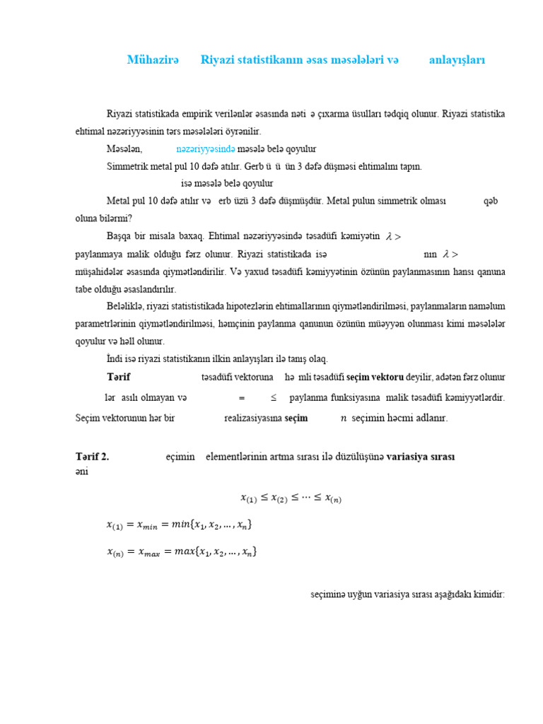 Mühazirə 13-Riyazi Statistikanın Məsələləri VƏ Əsas Anlayışları | PDF