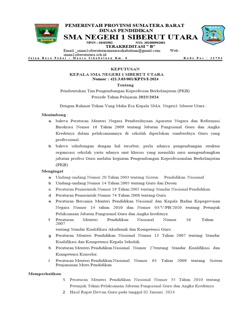 SK Tim PKB Sman 1 Sibuta 2024 | PDF | Karier & Perkembangan