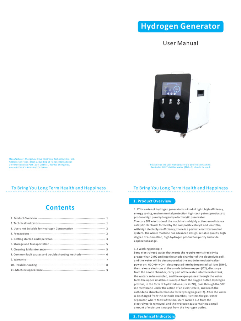 Hydrogen Generator User Manual | PDF | Water | Electricity
