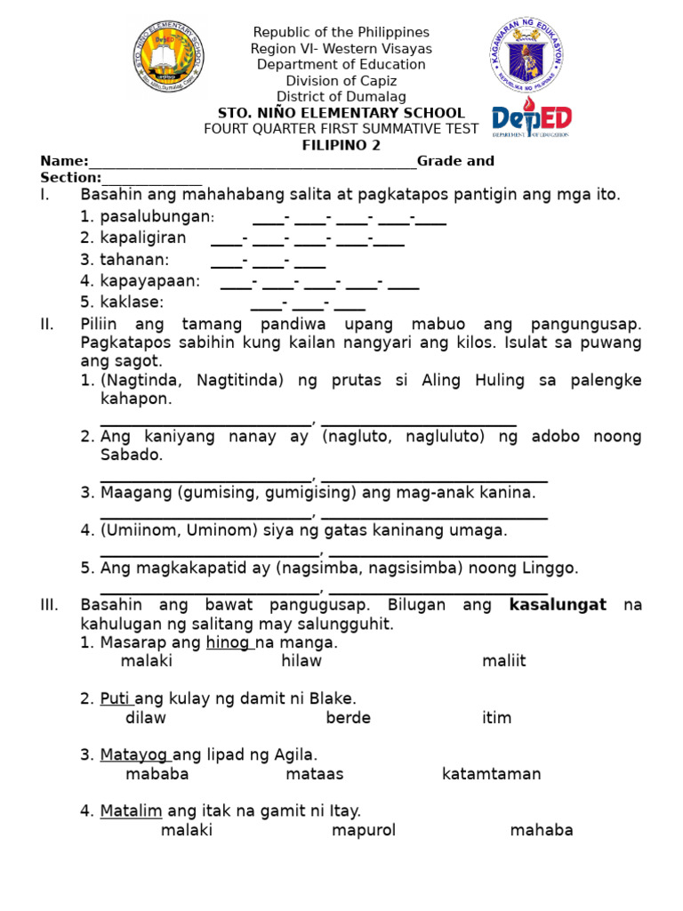 FILIPINO 4th Q First Summative Test | PDF