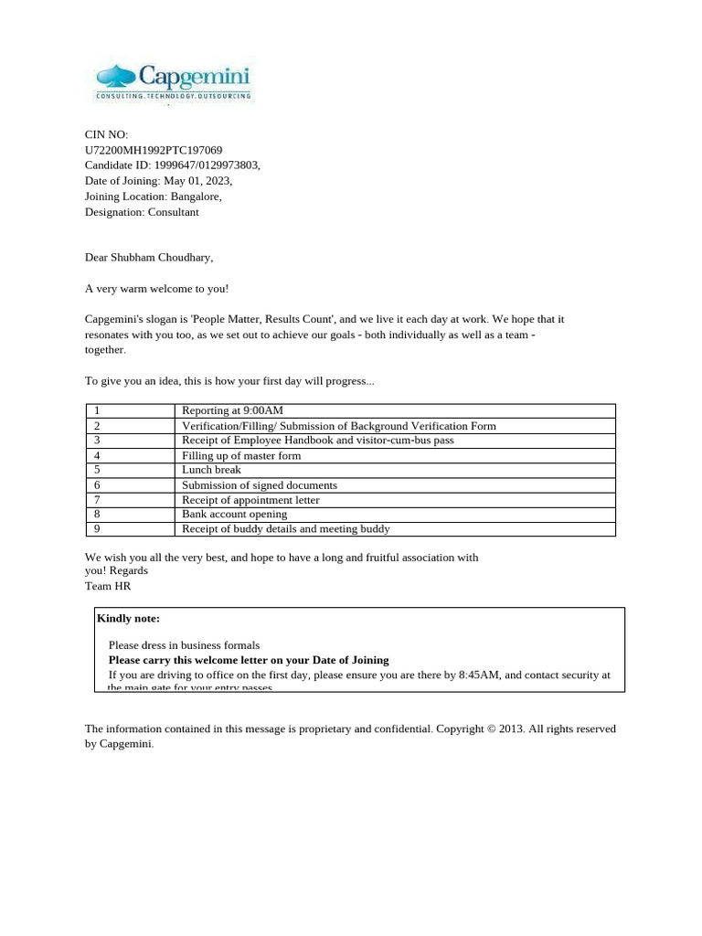 Capgemini Offer Letter | PDF | Intellectual Property | Trade Secret