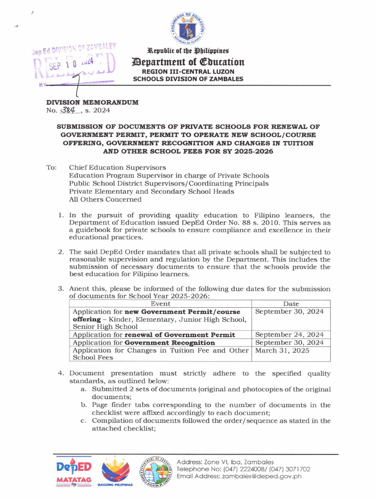 DM No. 384, s. 2024 - Submission of Documents of Private Schools for ...