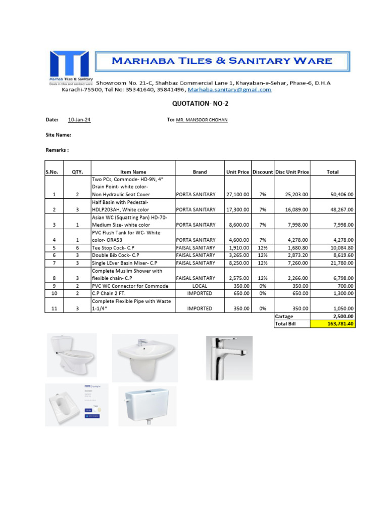 Quotation - No-2 MR Mansoor Chohan - Porta & Sanitary 10-01-2024 | PDF