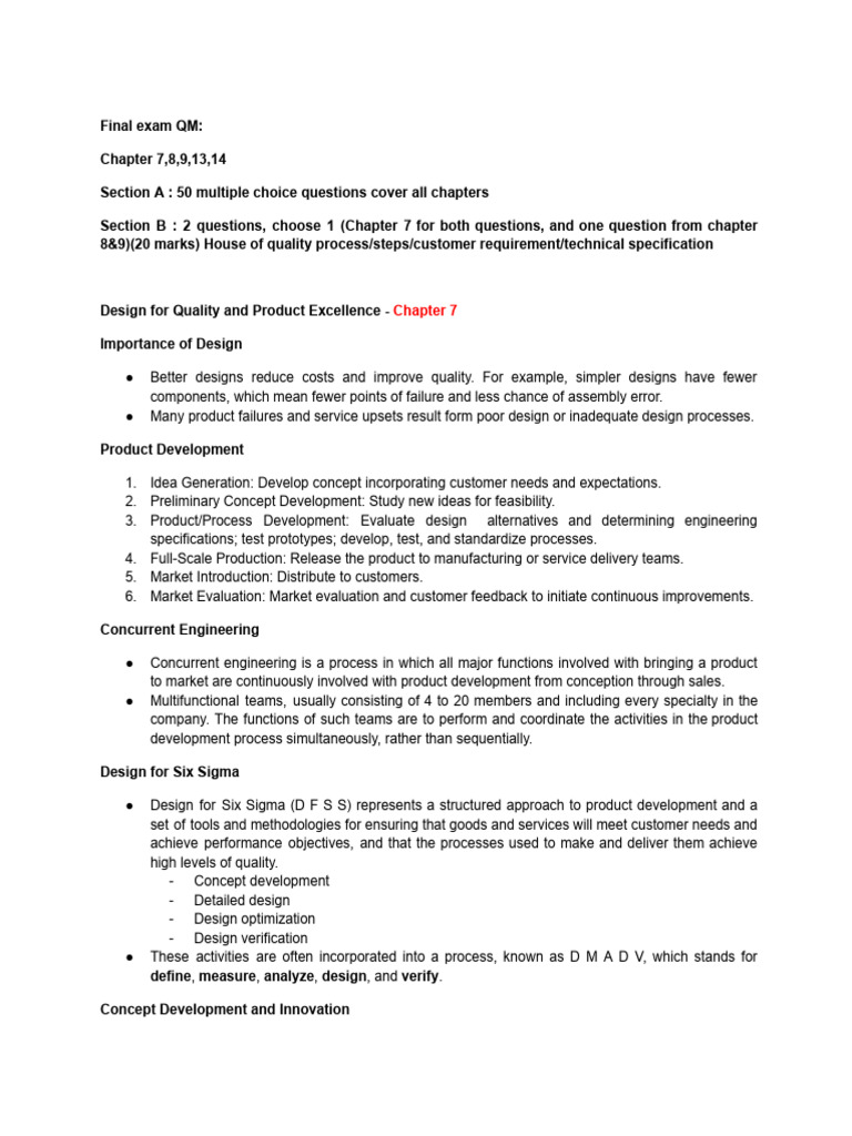 Final Notes Quality Management | PDF | Six Sigma | Reliability Engineering