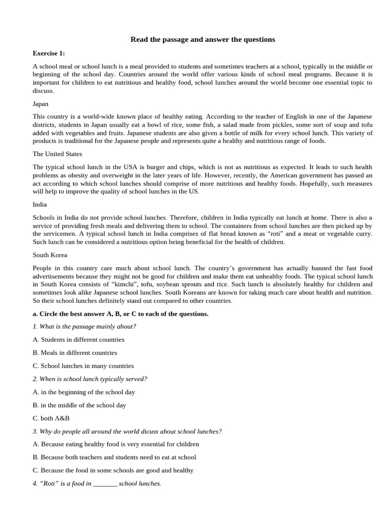 Read The Passage and Answer The Questions: Exercise 1 | PDF | School ...