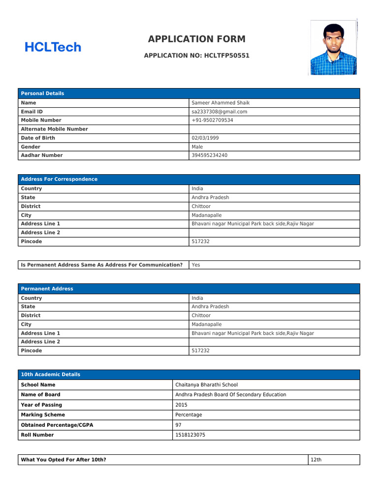 HCLTech Application Form Submission | PDF