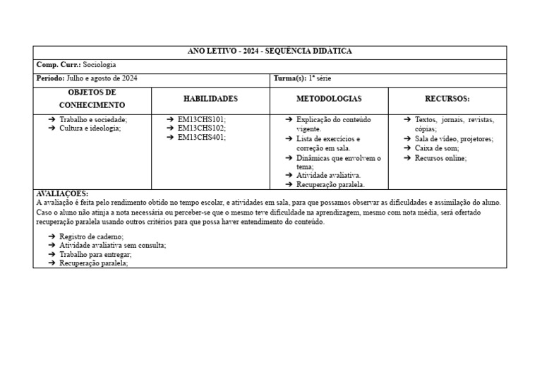 SEQ DIDATICA 2024 - Soc 1 Série | PDF