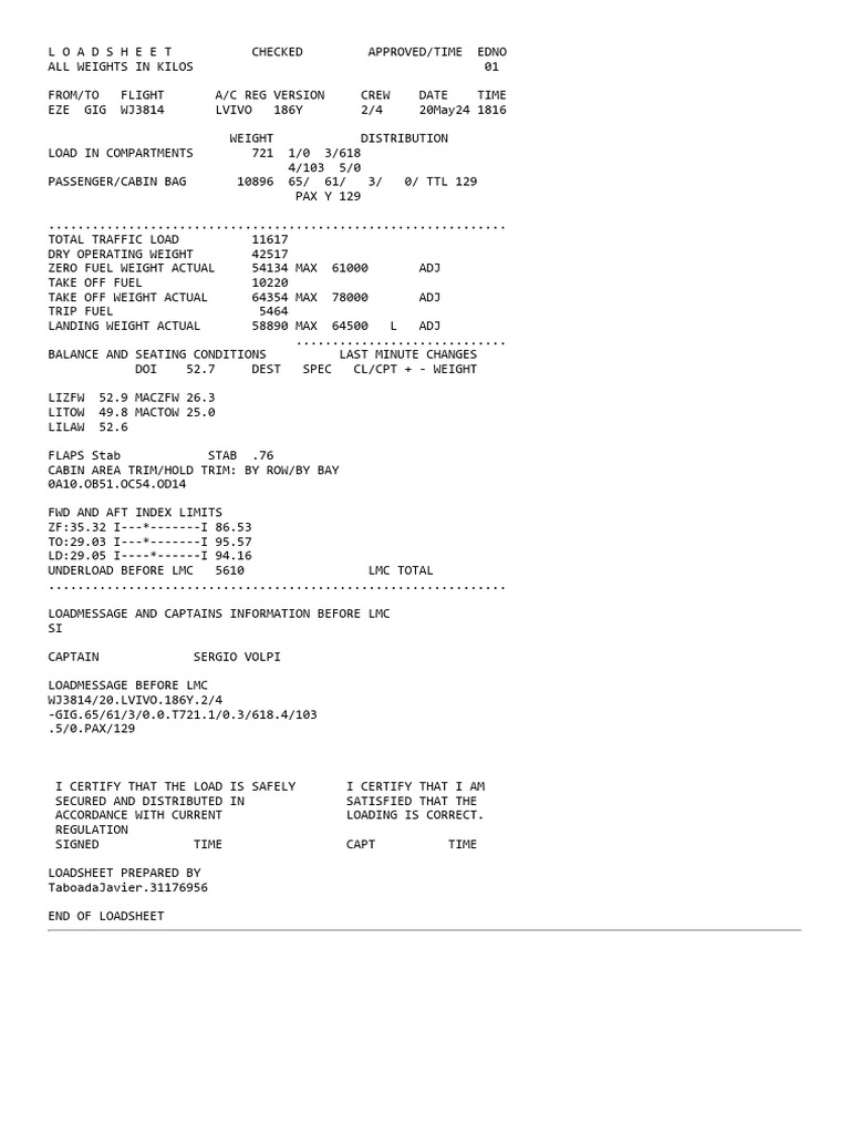 Flight Load Sheet for WJ3814 | PDF | Computers | Technology & Engineering
