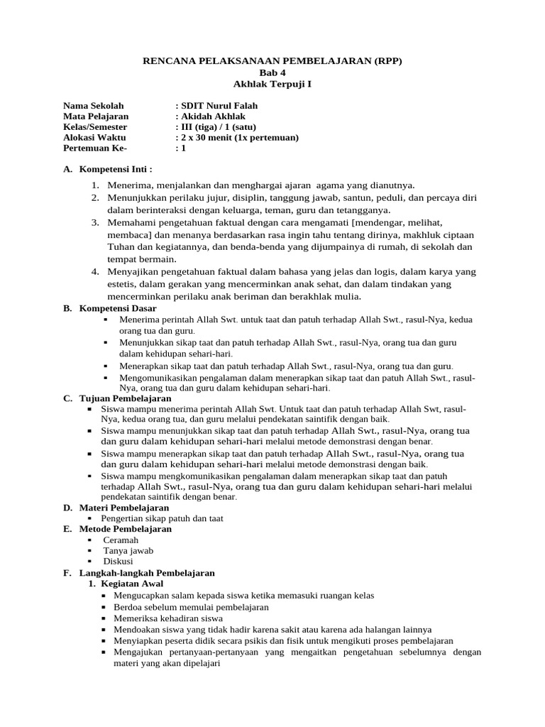 RPP AKIDAH KLS 3 BAB 4 Fix | PDF | Karier & Perkembangan | Kesehatan Holistik