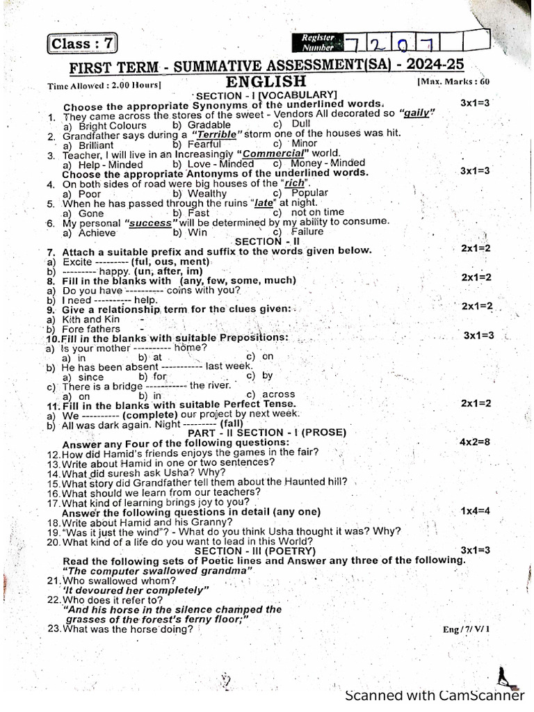 7th English Term1 Exam 2024 Original Question Paper Tirupattur Dsitrict PDF Download | PDF