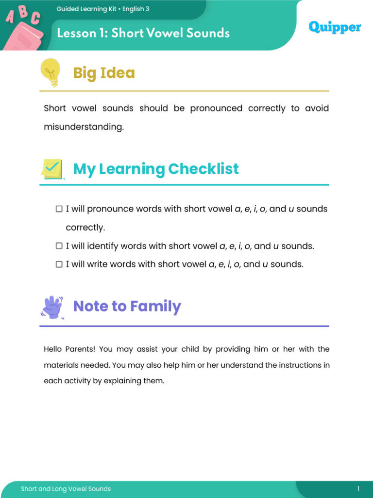 Short Vowel Sounds Learning Kit | PDF | English Language | Human Voice