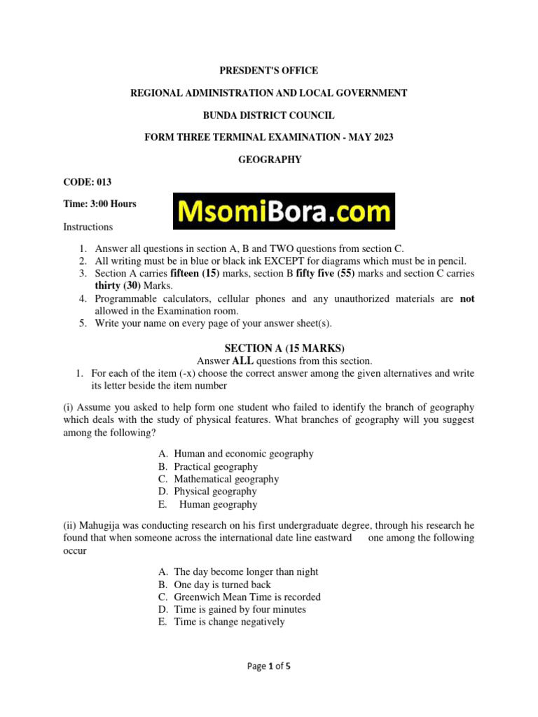 Form Three Geography Exam May 2023 | PDF | Rock (Geology) | Earth