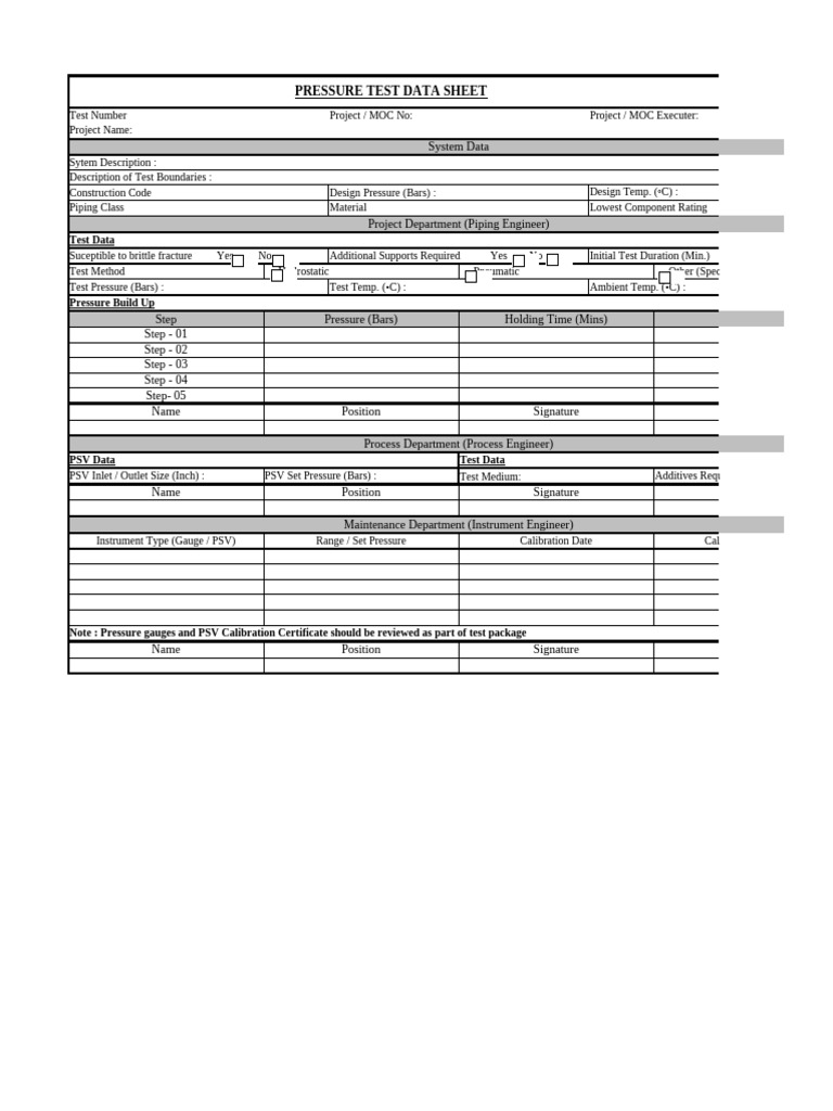 Pressure Test Data Sheet Template | PDF | Calibration | Pressure