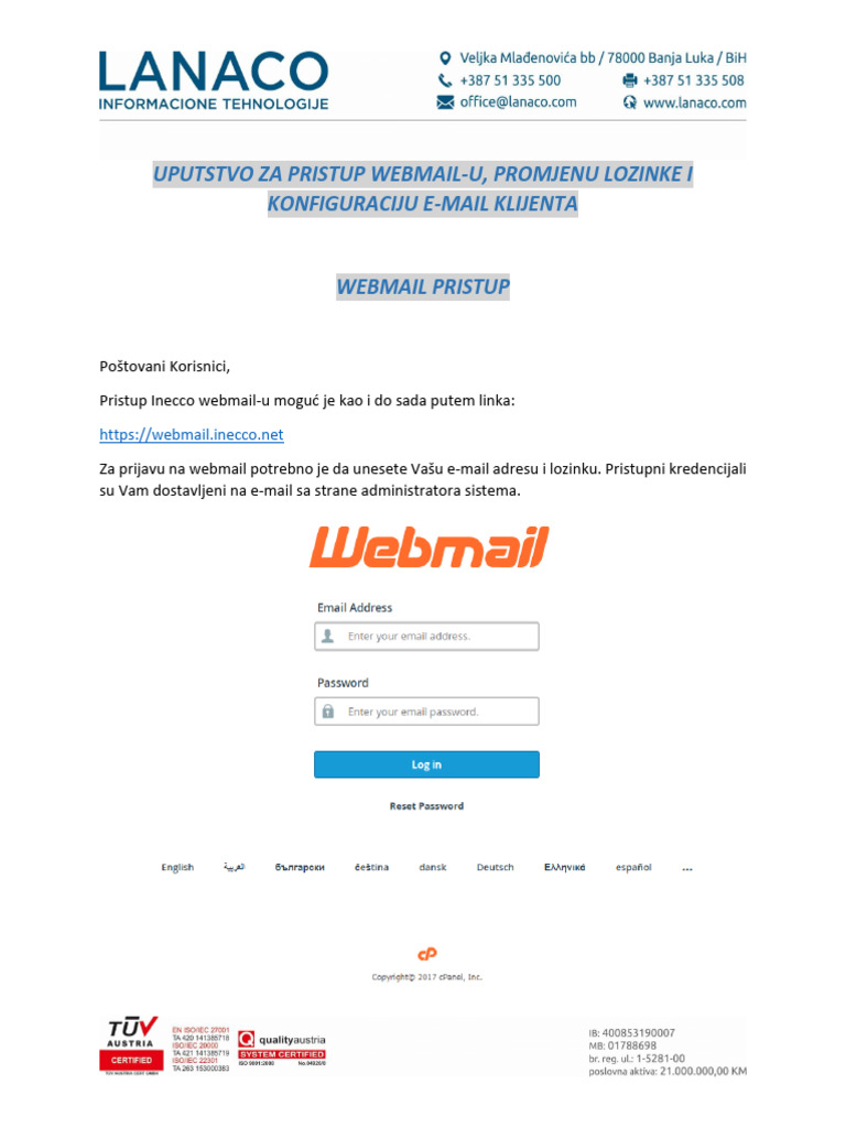 Uputstvo Za Pristup Webmail-U, Promjenu Lozinke I Konfiguraciju E-Mail Klijenata | PDF