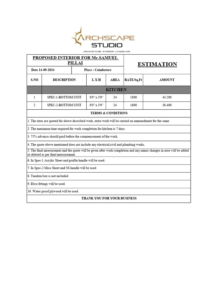 Kitchen Interior Estimation for Mr. Pillai | PDF