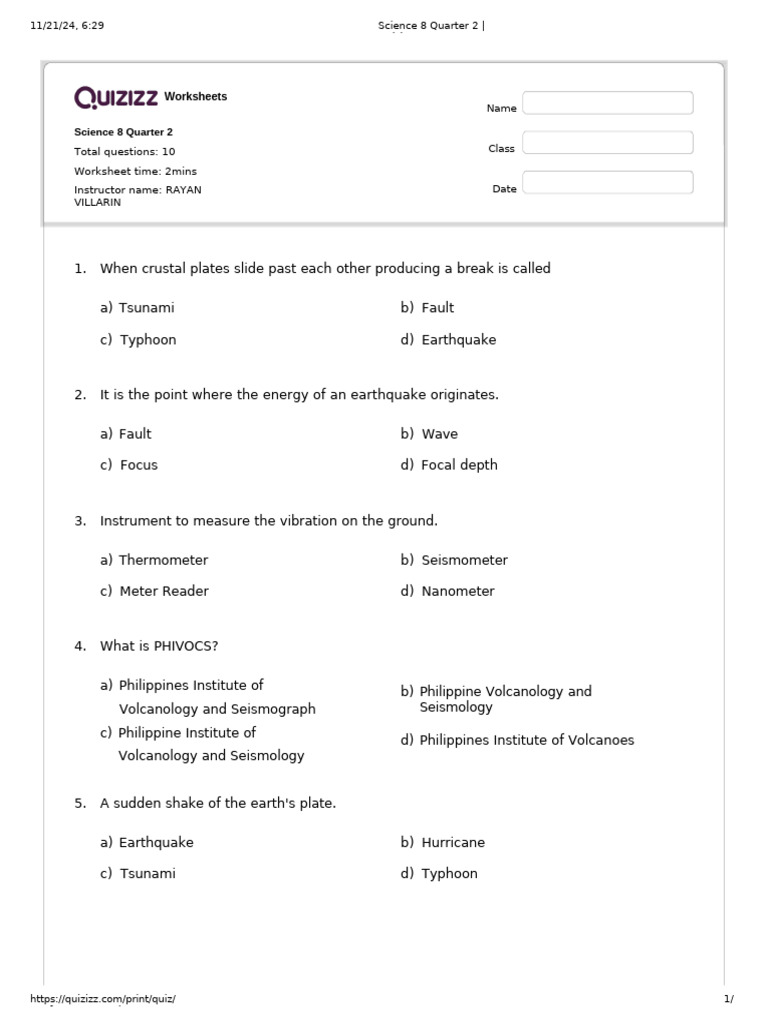 Science 8 Quarter 2 - Quizizz | PDF | Earthquakes | Seismology