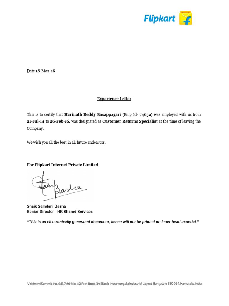 Harinath Reddy Basappagari-74632 - Experience Letter | PDF
