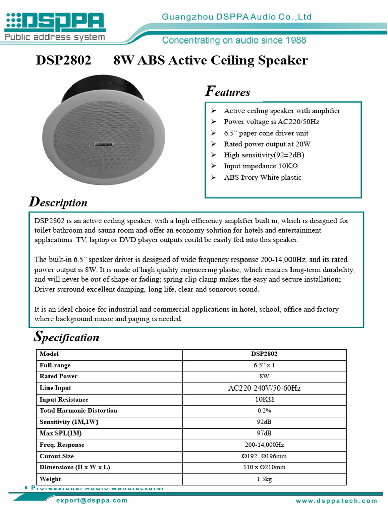 data-sheet-dsp2802-8w-abs-active-ceiling-speaker | PDF | Loudspeaker | Amplifier