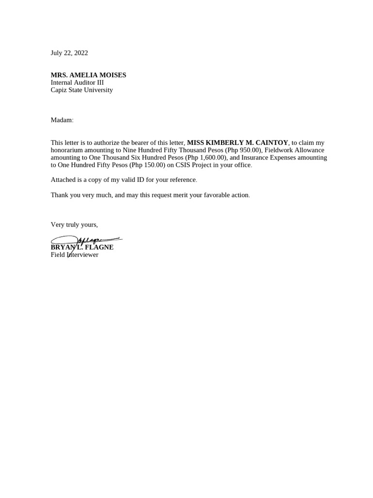 Authorization-Letter | PDF | Finance & Money Management | Social Science