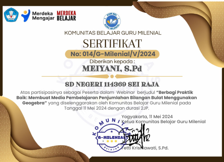MEIYANI, S.PD SERTIFIKAT GEOGEBRA | PDF | Karier & Perkembangan | Kesehatan Holistik