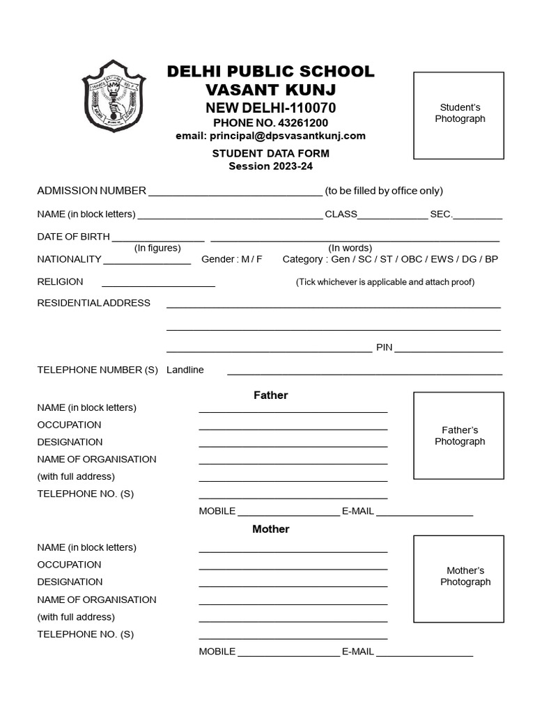 DPS Vasant Kunj Student Enrollment Form | PDF | Identity Document ...