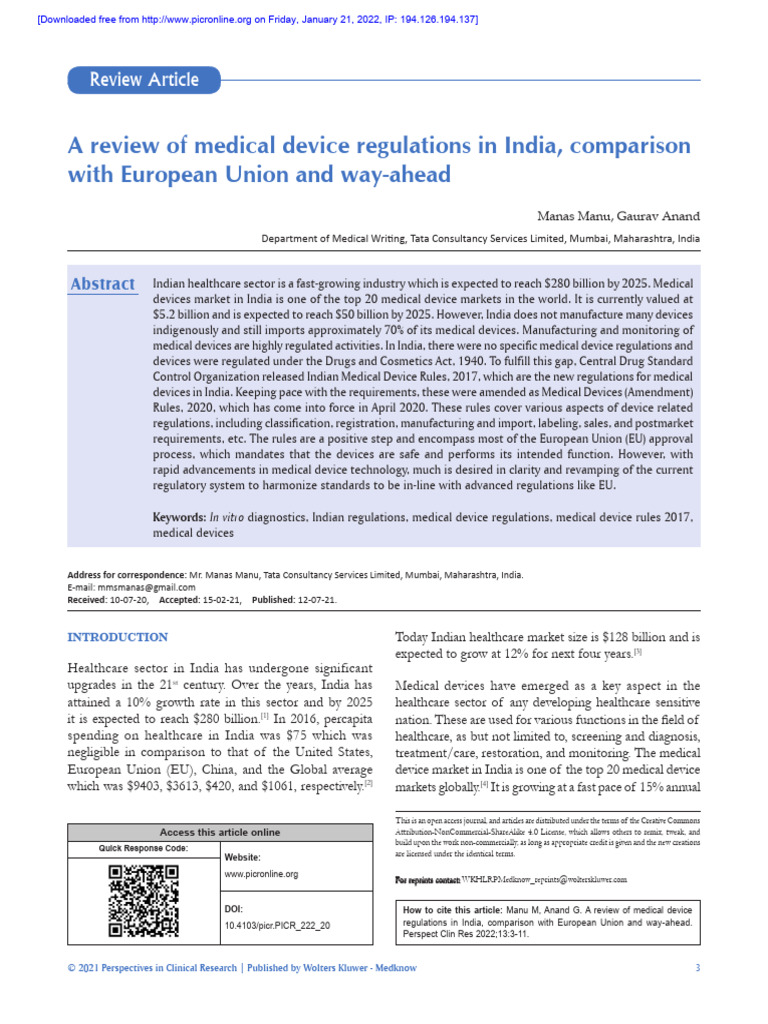 A Review of Medical Device Regulations in India Co | PDF | Medical ...