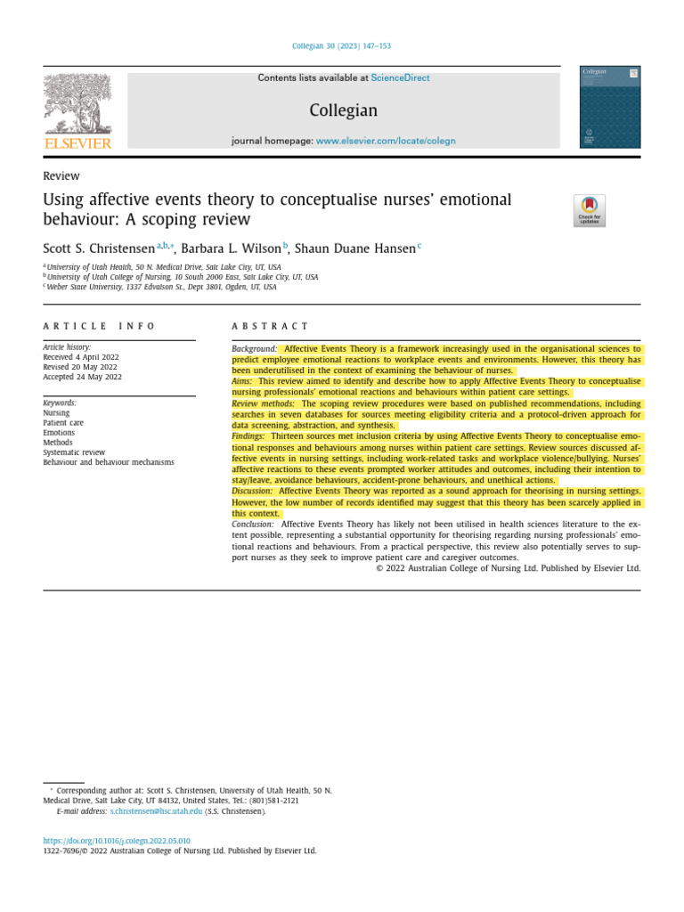 Using Affective Events Theory To Conceptualise Nurses - Emotional ...