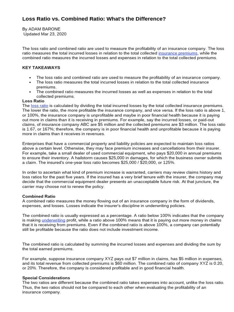 Loss vs. Combined Ratio Explained | PDF | Insurance | Underwriting