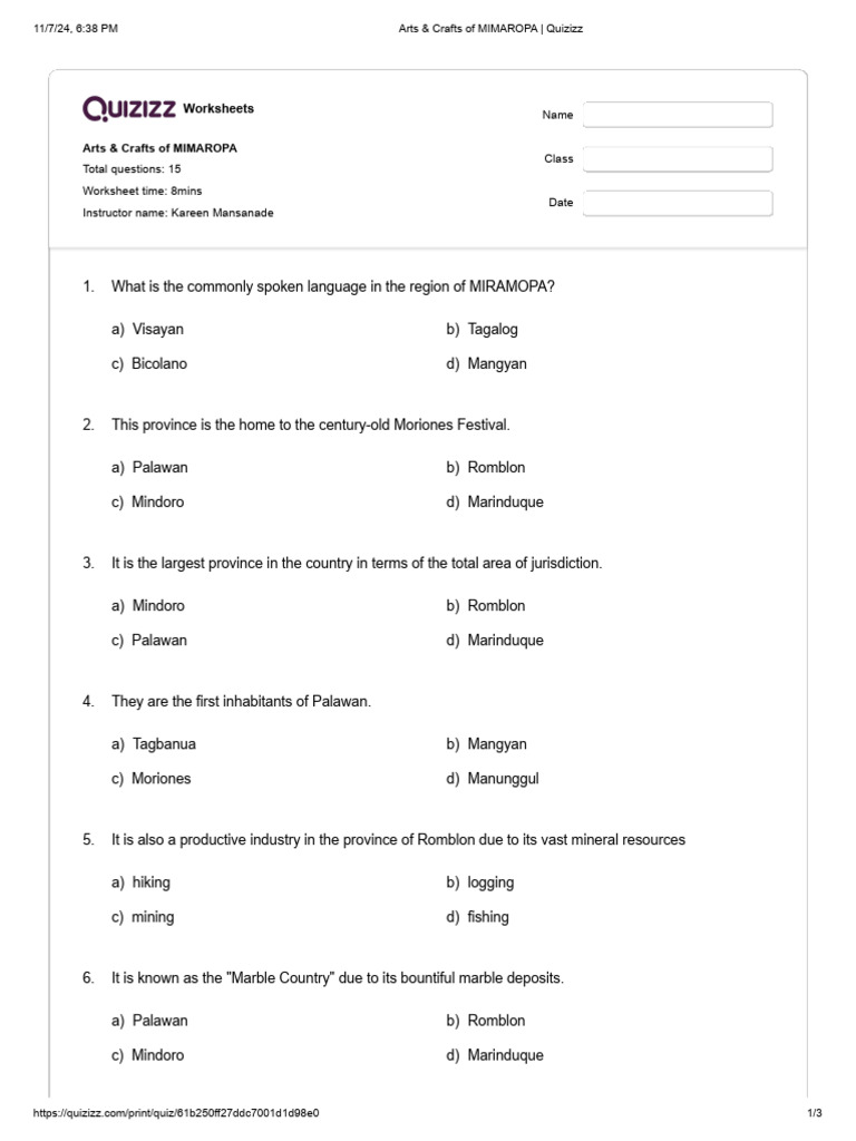 MIMAROPA Arts & Crafts Worksheet | PDF | Philippines