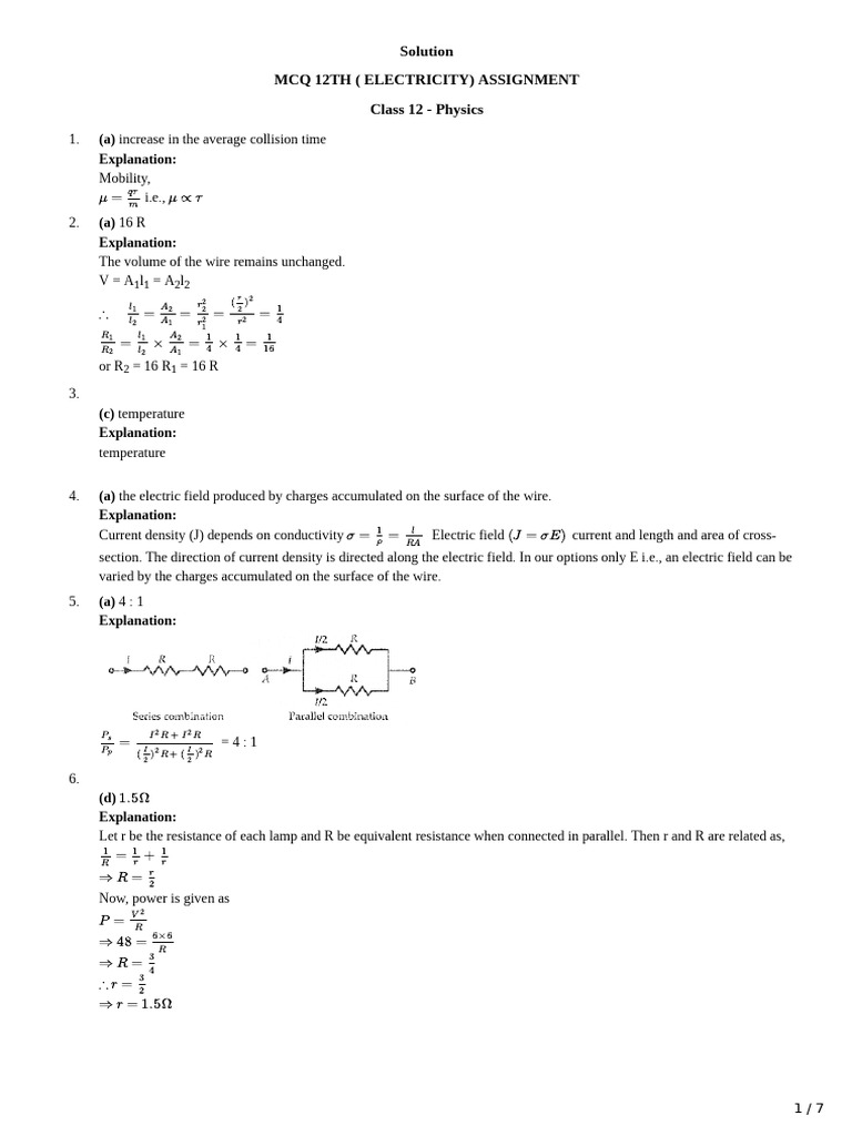 Solution 12th (Electricity) Assignment | PDF | Electrical Resistivity And Conductivity ...