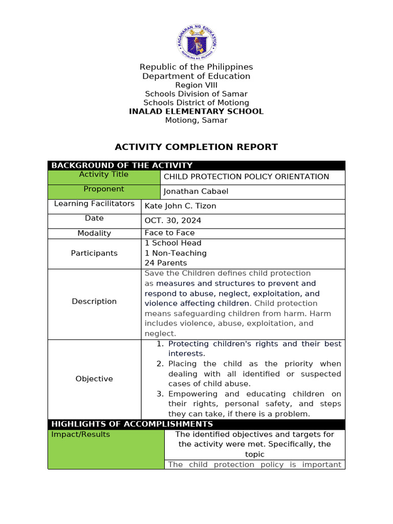 Accomplishment Report For Child Protection Policy | PDF | Child ...