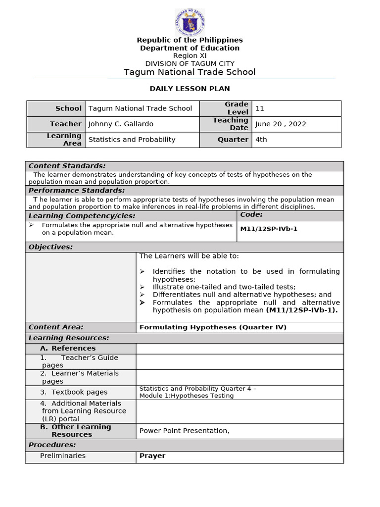 Daily Lesson Plan: Hypothesis Testing | PDF | Hypothesis | Statistical ...
