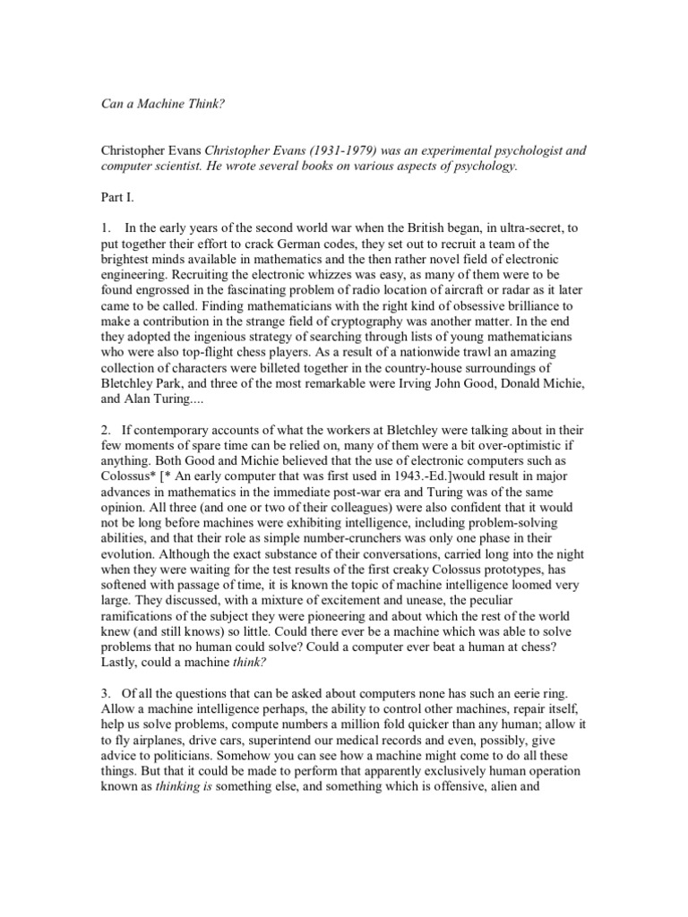 Can A Machine Think Philosophy | PDF | Alan Turing | Thought