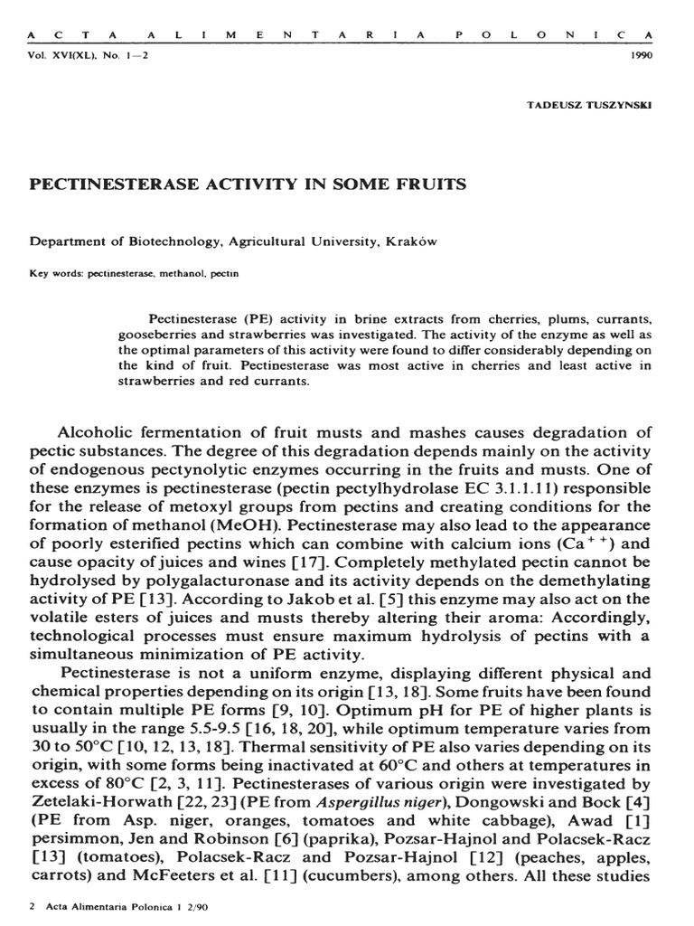Tuszynski-Pectinesterase Activity in Some Fruits (1990) | PDF | Fruit