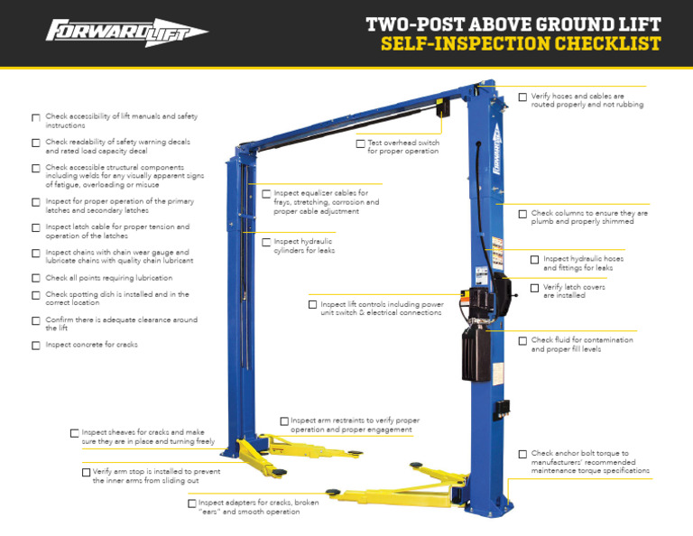 Two-Post Lift Self-Inspection Checklist | PDF | Elevator | Manufactured ...