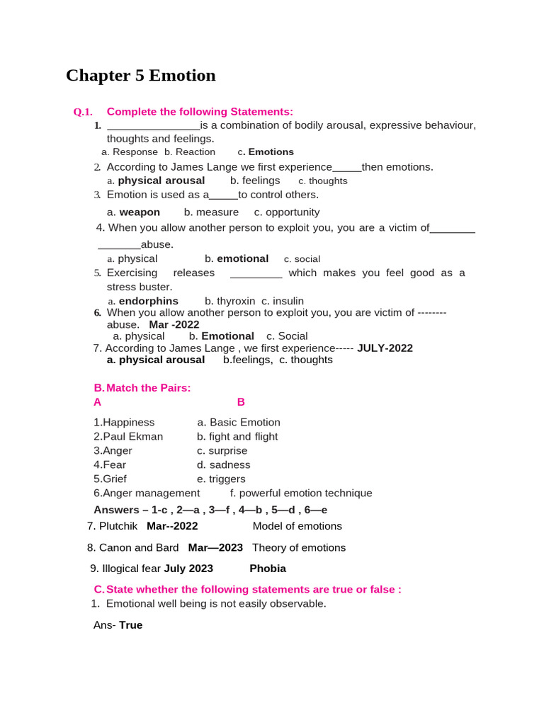 Chapter 5 Emotion Objectives and Questions and Answers | PDF | Emotions ...